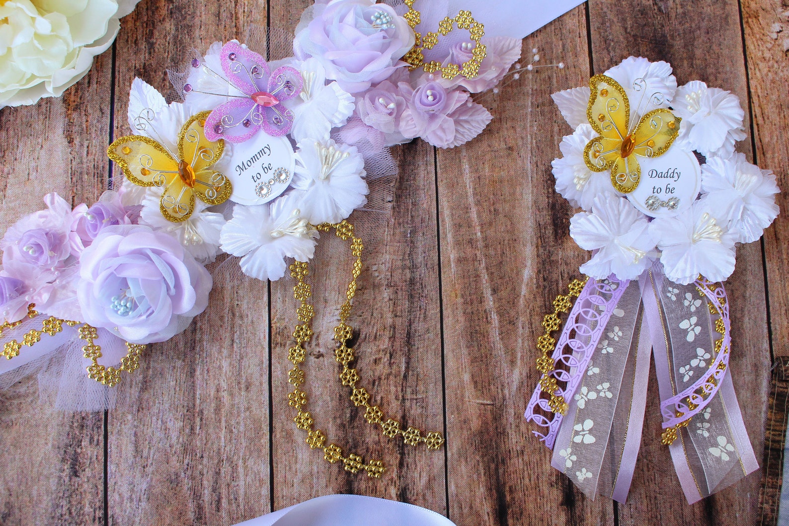 Butterfly Baby Shower Maternity Sash and Dad to Be Pin, Lilac and Gold ...