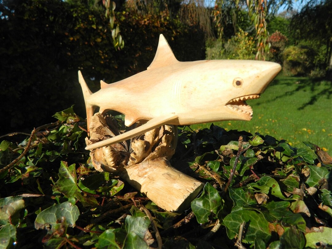 Hand Carved Wooden Shark Great White Shark on Parasite Wood - Etsy