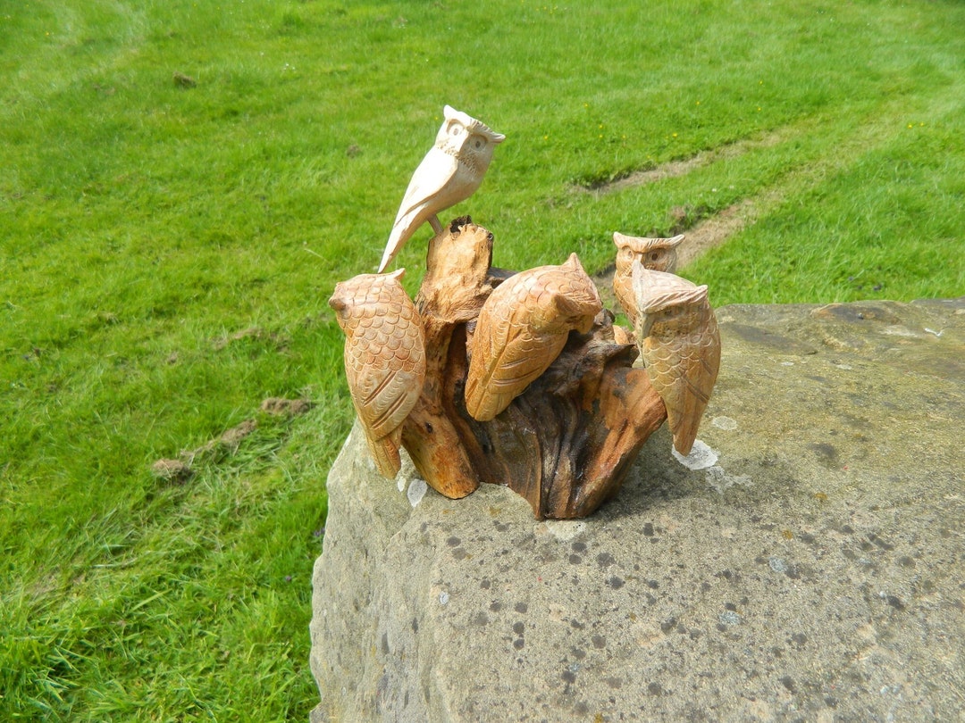 Hand Carved Wooden Owl 5 Owls on Root - Etsy