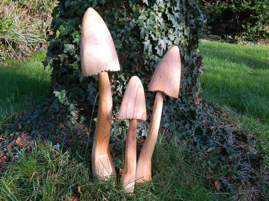 Set of 3 Wooden Mushroom Garden Ornament - Large Closed Cup Toadstool ...