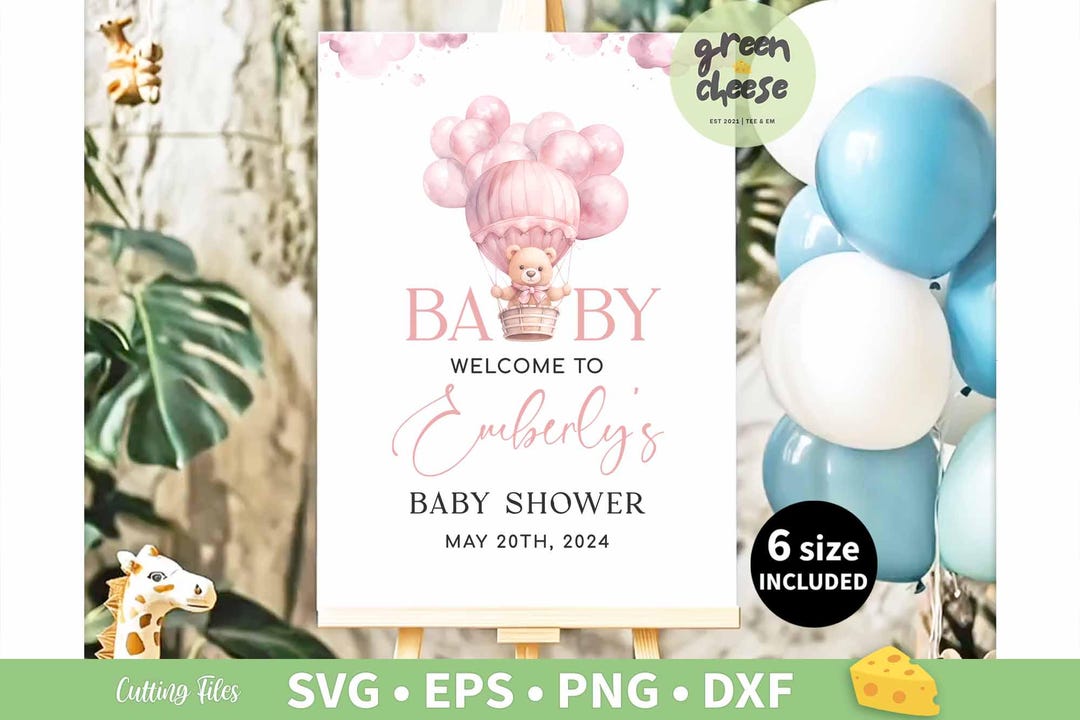Plantilla de letrero para baby shower con globo de oso rosa, póster ...