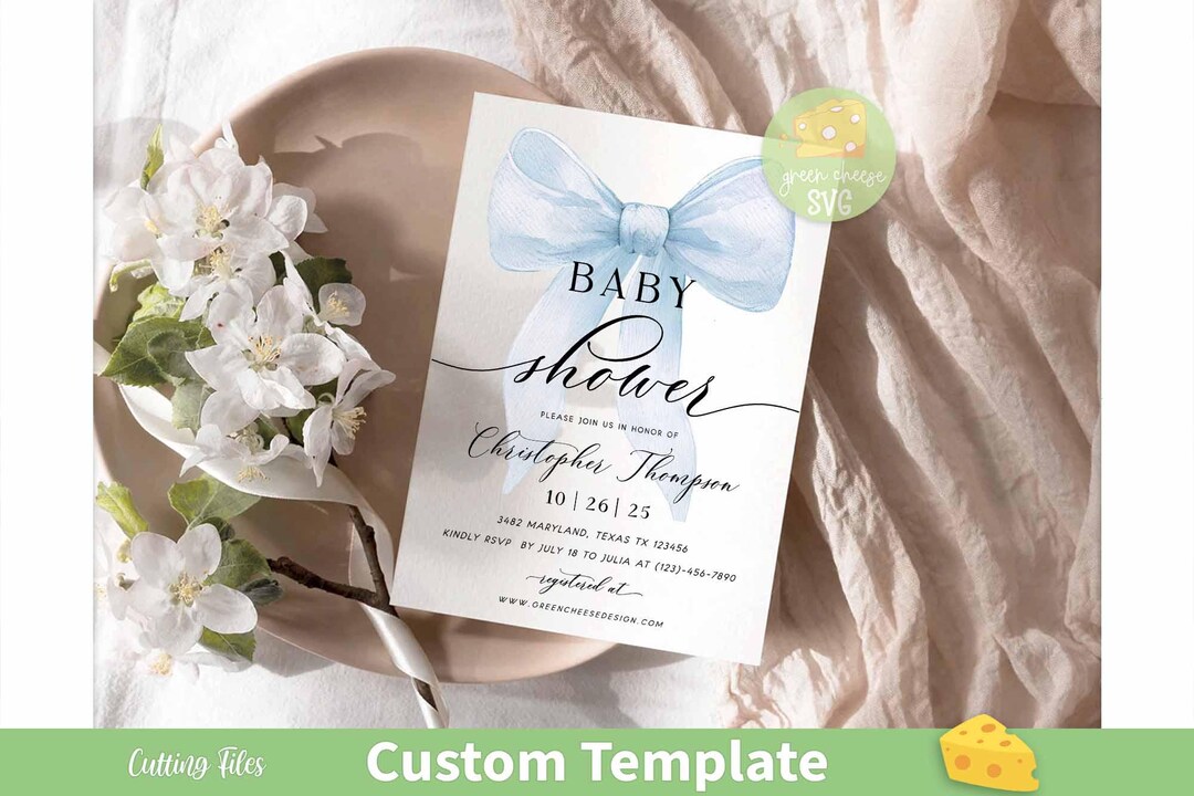 Editable Blue Bow Baby Shower Invitation, Blue Coquette, Blue Baby ...