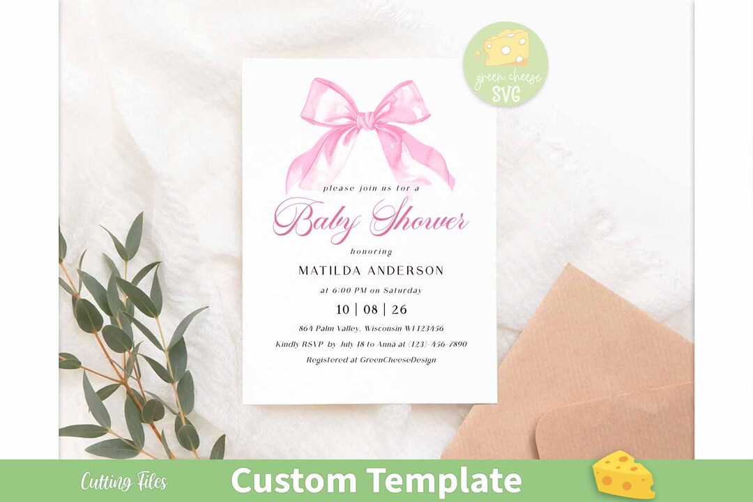 Pink Bow Baby Shower Invitation Template, Elegant Baby Shower ...