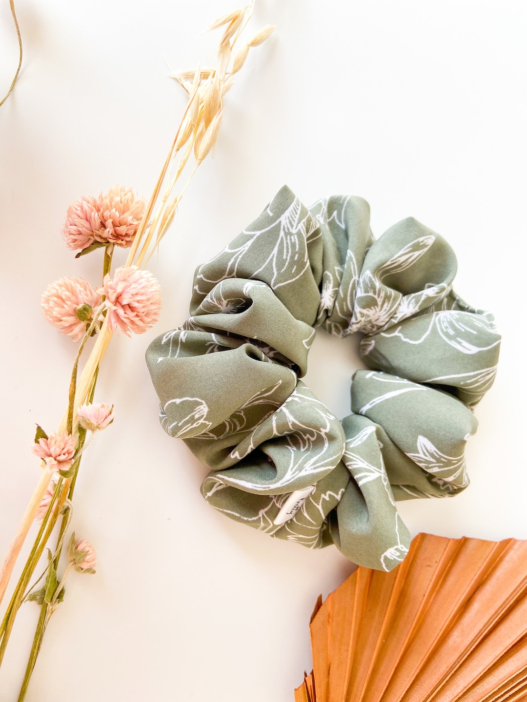 Floral Sage Oversized Scrunchie, Olive Green Regular Scrunchie, Chiffon ...