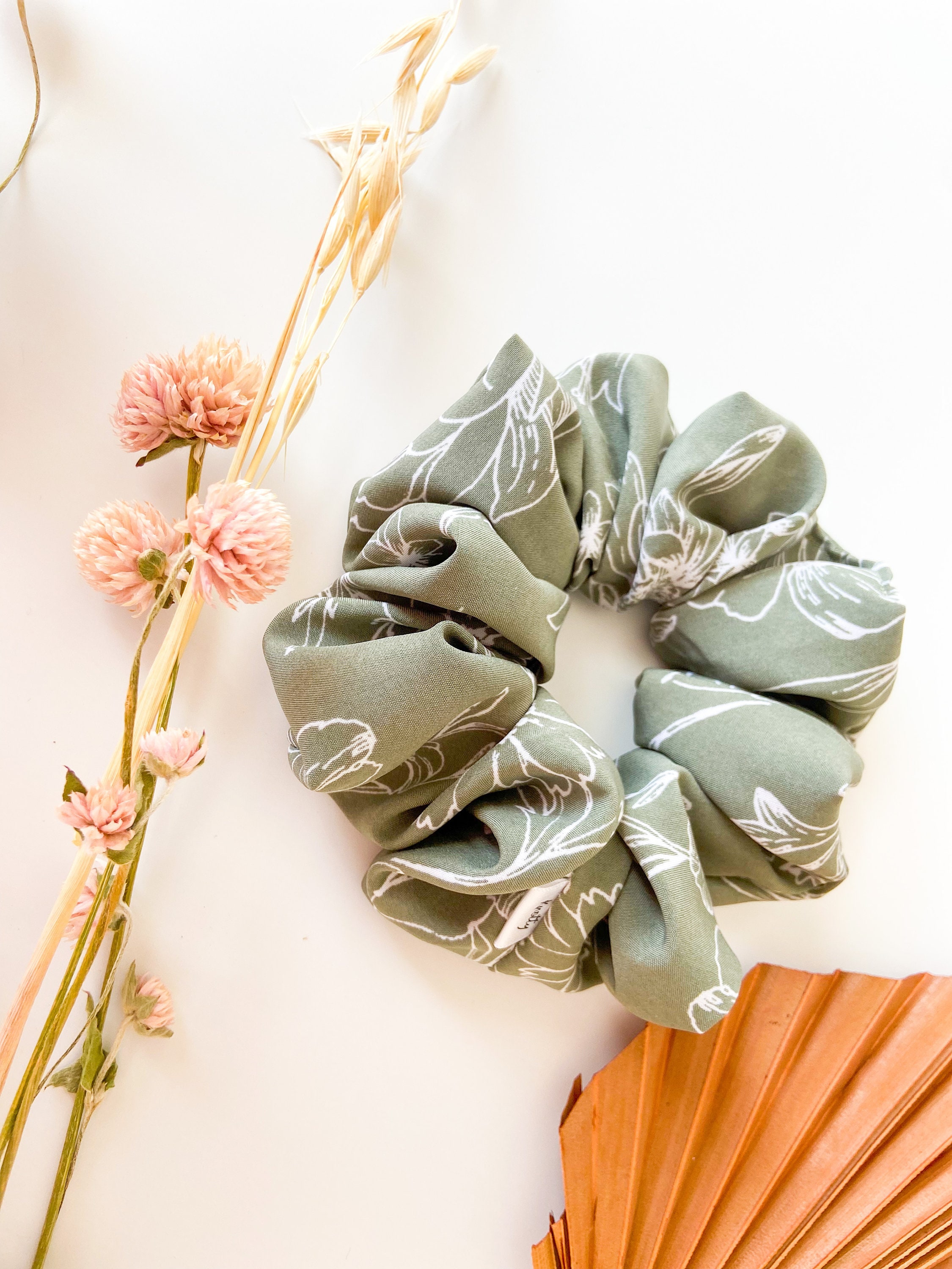 Floral Sage Oversized Scrunchie, Olive Green Regular Scrunchie, Chiffon ...