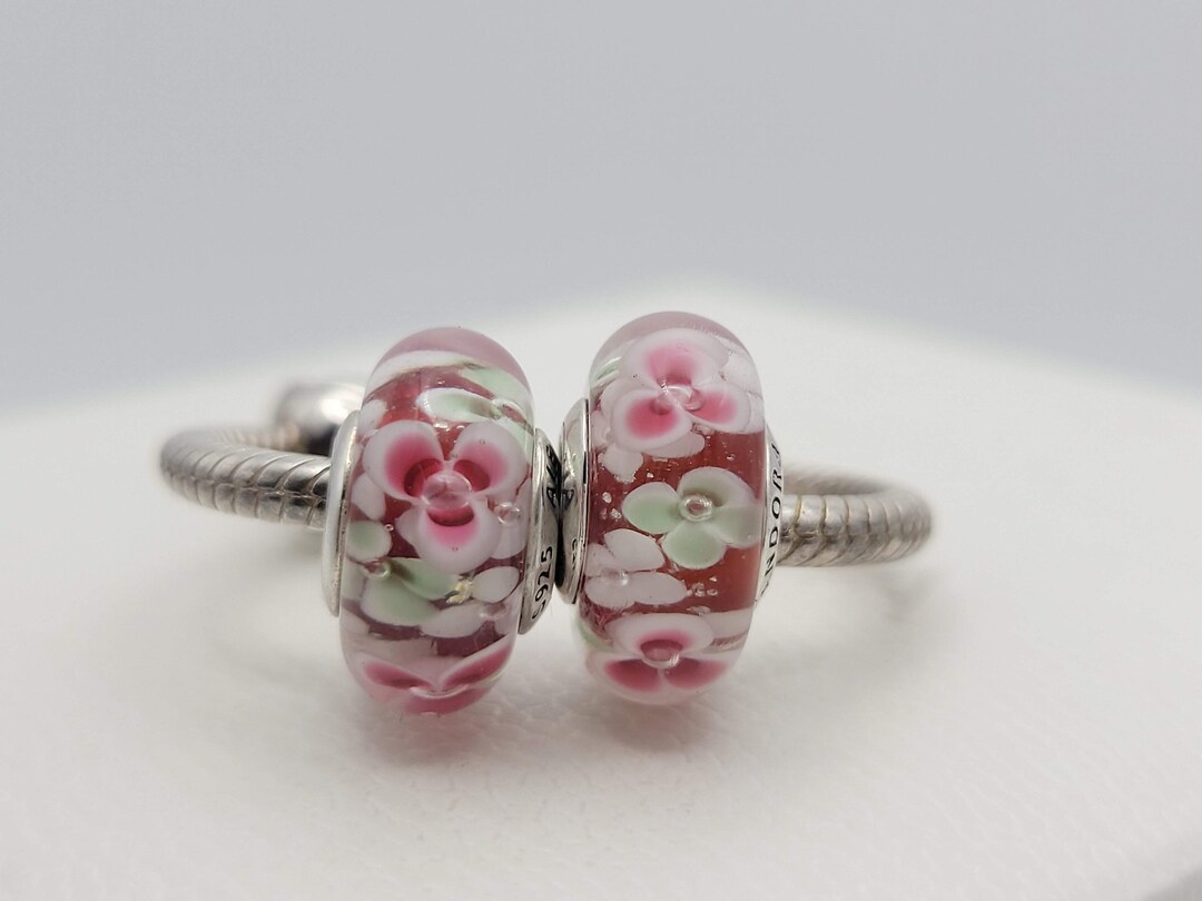 Authentic Pandora Set of 2 Murano Glass Flowers Garden Floral Charm ...