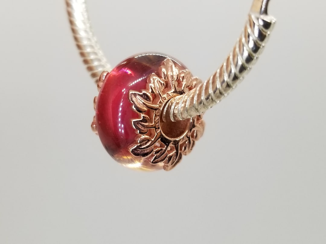 Authentic Pandora Gold Pink Murano Glass & Leaves Charm / New / S925 ...