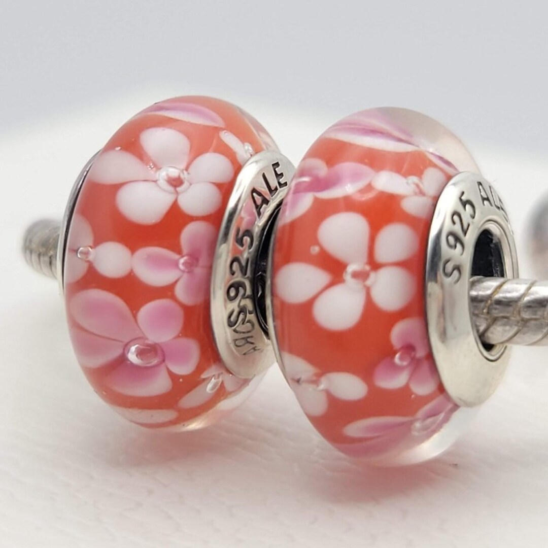 2 Authentic Pandora Murano Glass Flowers Garden Floral Charm RED / New ...