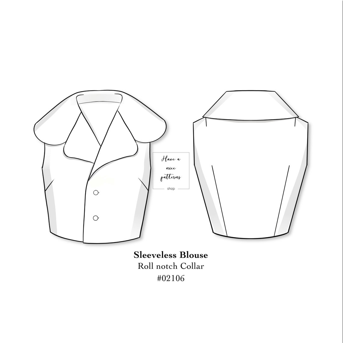 Sleeveless Blouse Roll Notch Collar Digital Pattern PDF Sewing Patterns ...