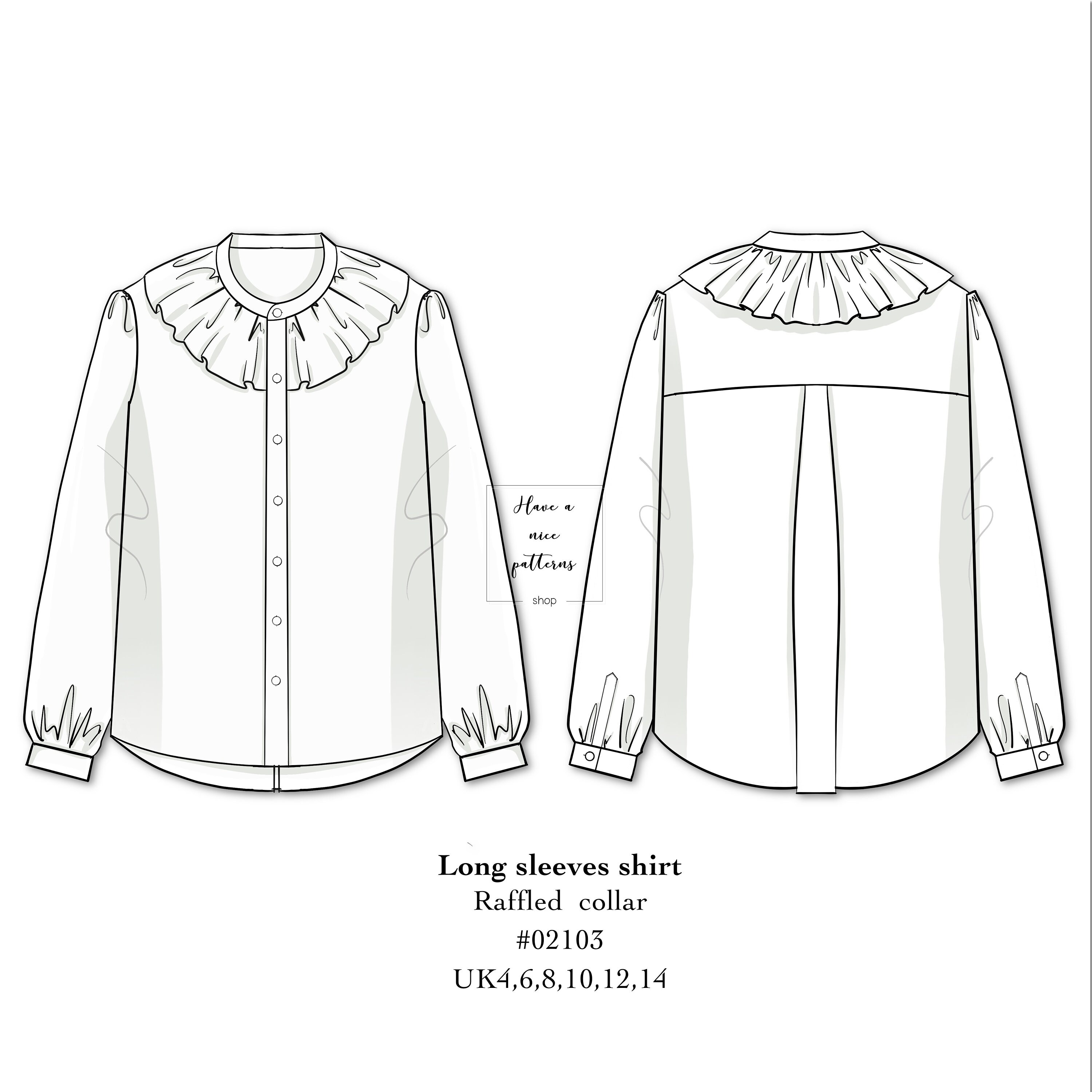 Long Sleeves Raffled Stand Collar Shirt Digital Pattern PDF Sewing ...