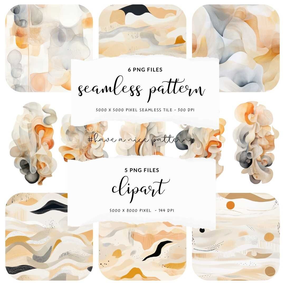Abstract Flowing. 6 Seamless Patterns PNG and 5 Cliparts Graphics ...