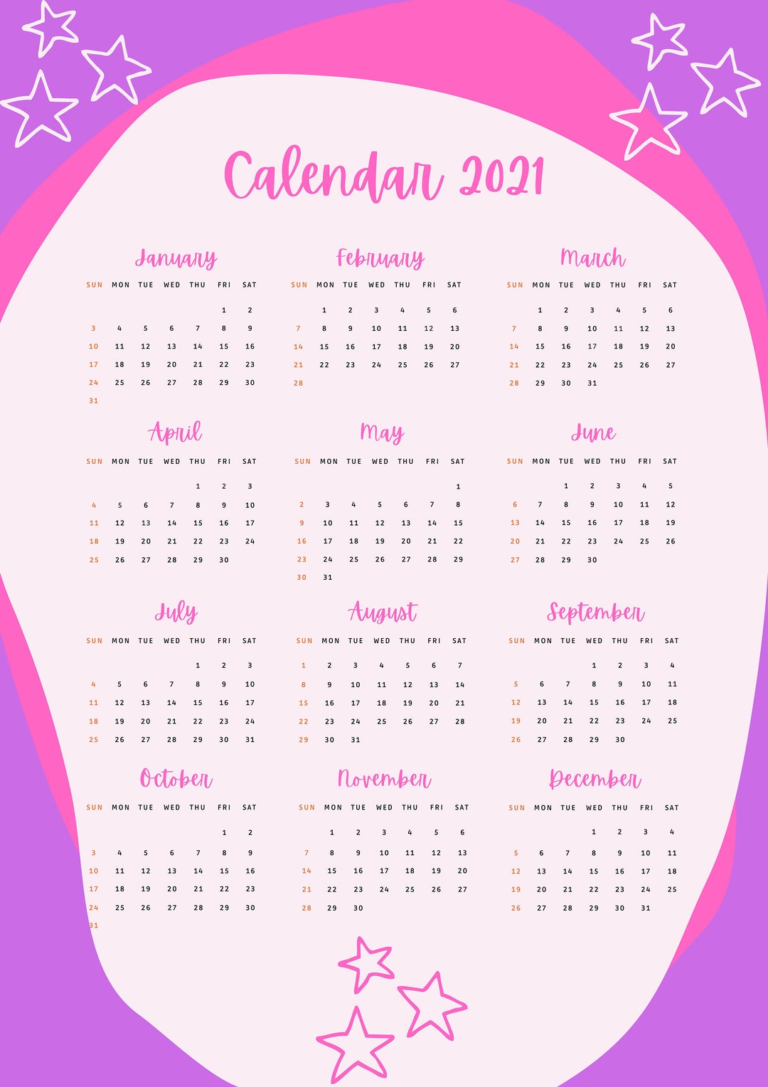 Cute Pink and Purple 2021 Calendar, Digital Print, Digital Calendar ...