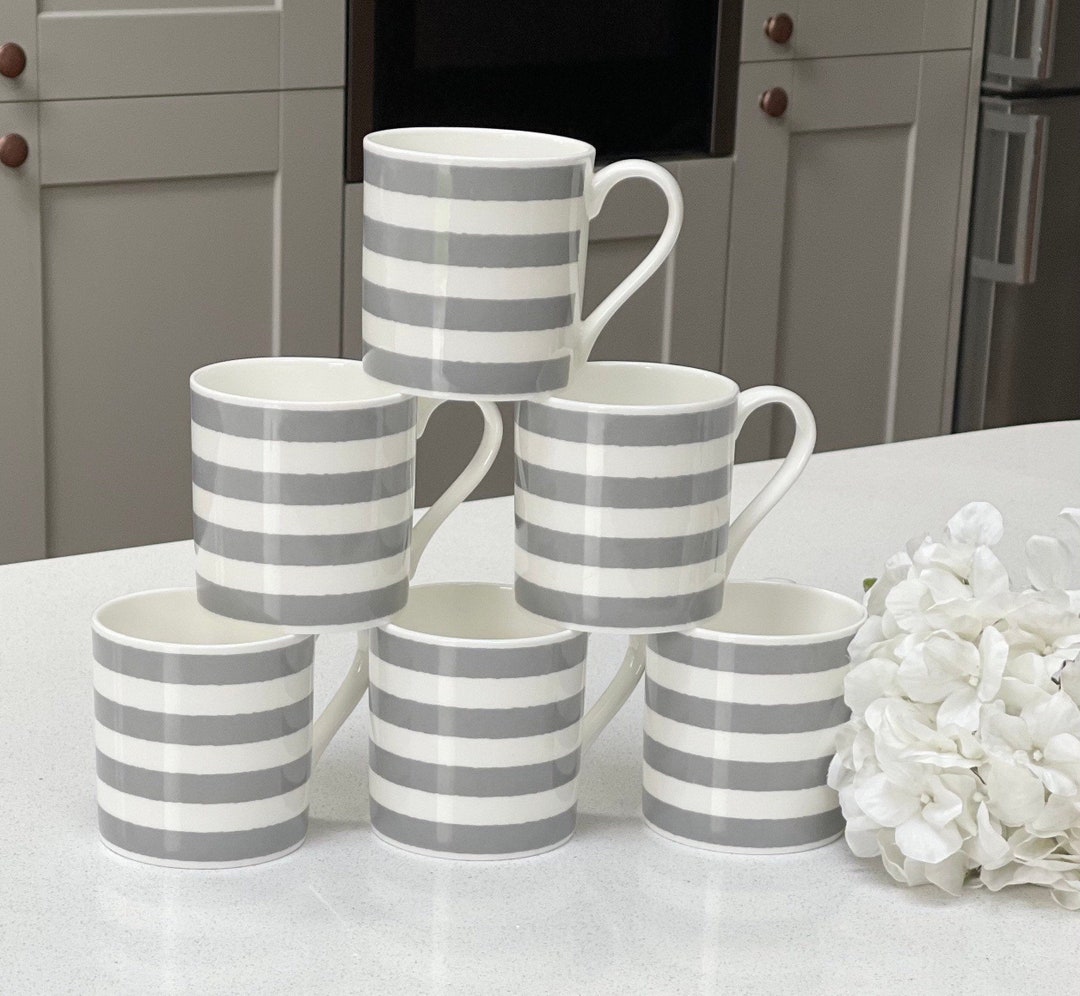 Horizontal Grey Stripe 6 Mug Set - 12oz Fine Bone China Cup - Etsy