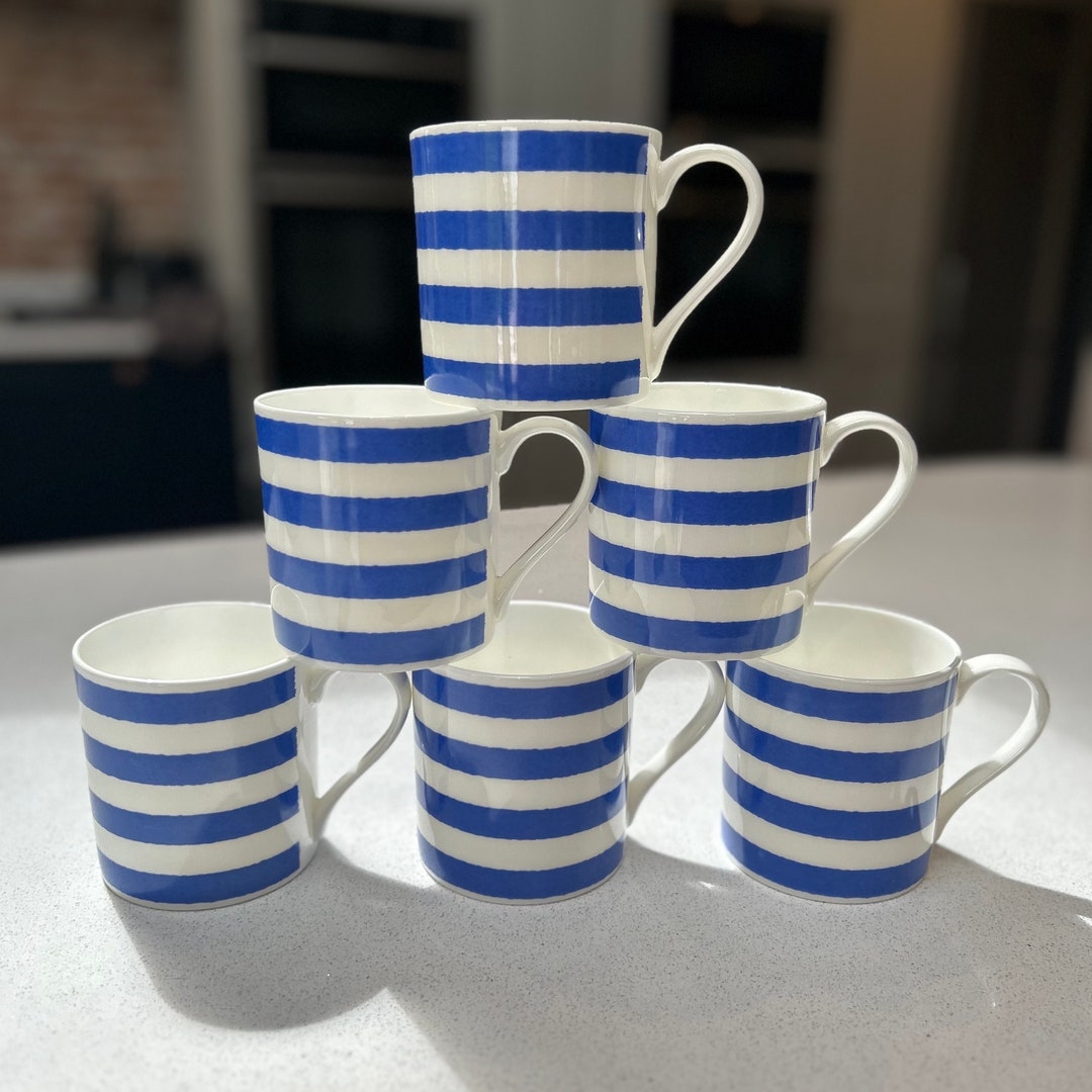 Horizontal Blue Stripe 6 Mug Set - 12oz Fine Bone China Cup - Etsy