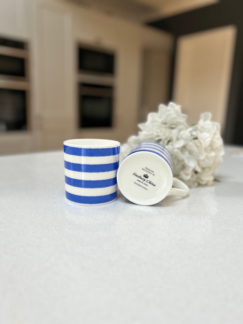 Horizontal Blue Stripe 6 Mug Set - 12oz Fine Bone China Cup - Etsy