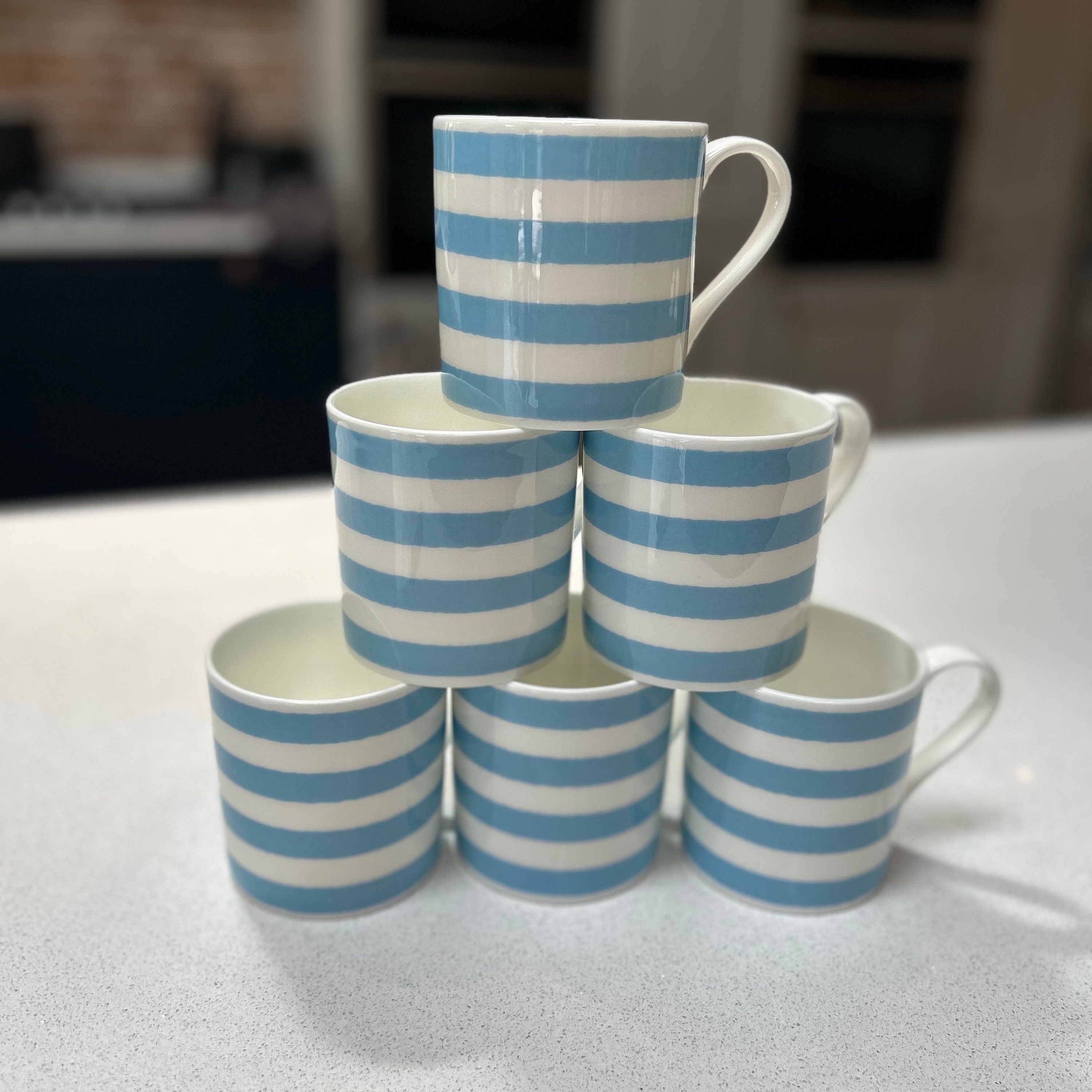 Horizontal Blue Stripe 6 Mug Set 12oz Fine Bone China Cup - Etsy
