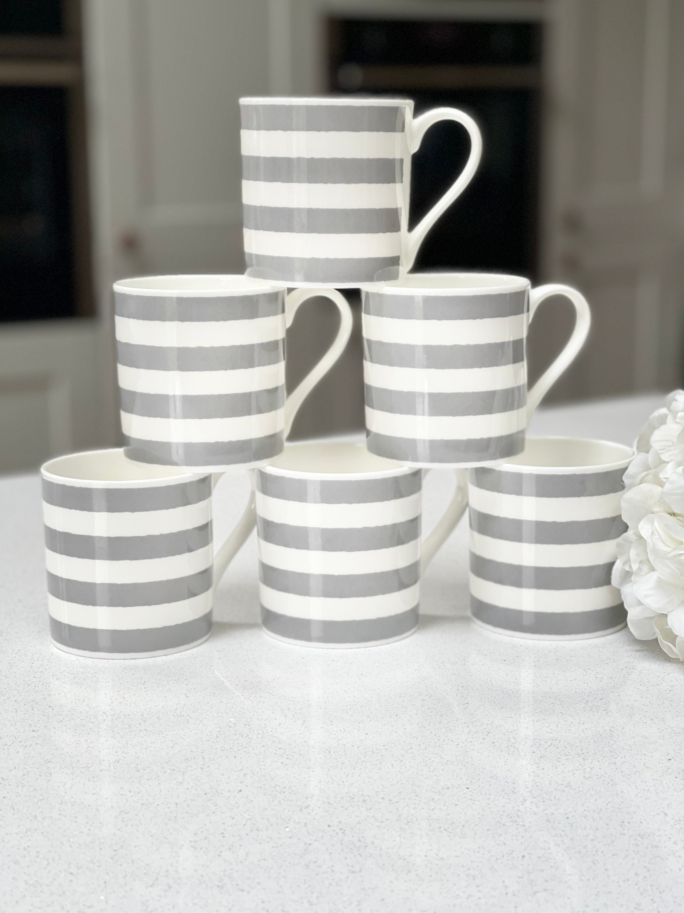 Horizontal Grey Stripe 6 Mug Set - 12oz Fine Bone China Cup - Etsy