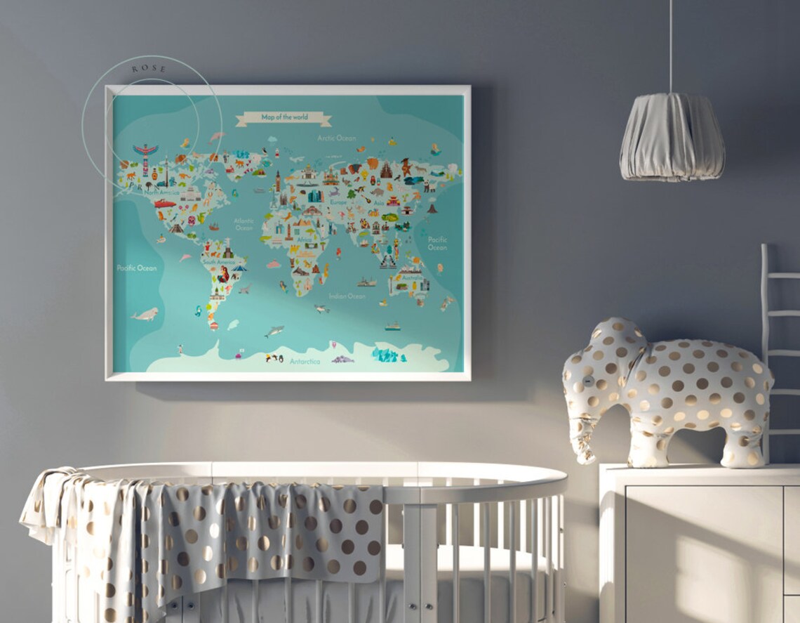 Map Of The World Kids Animal World Map Print Map Wall Art | Etsy