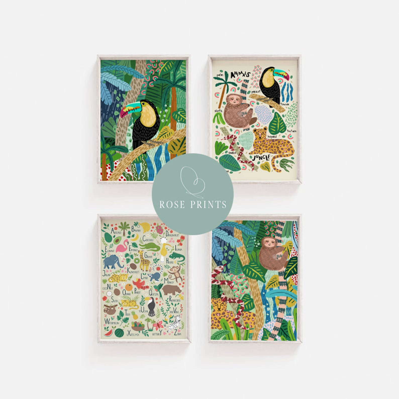 Set of 4 Prints, Animal Alphabet, Jungle Print, Safari Print, Botanical ...