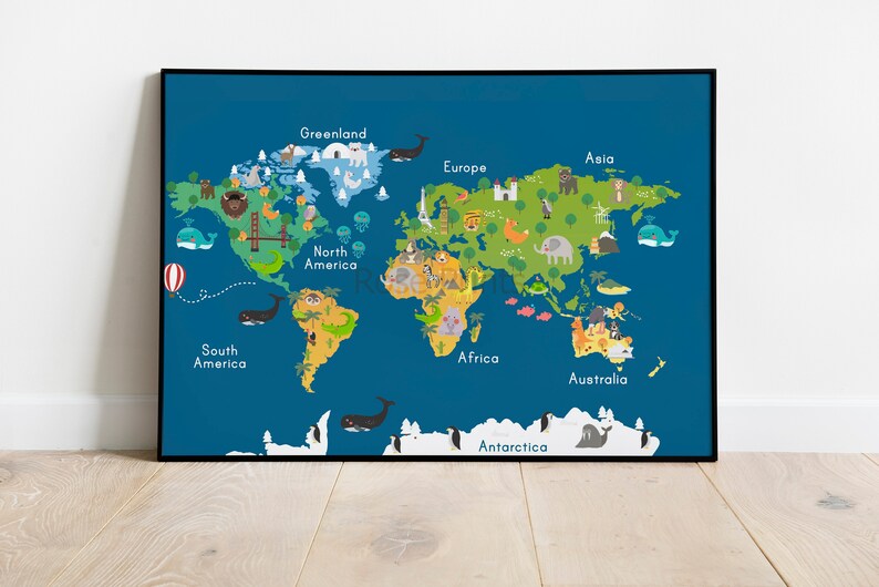 World Map Kids Print, Map Wall Art, Educational Posters for Children ...
