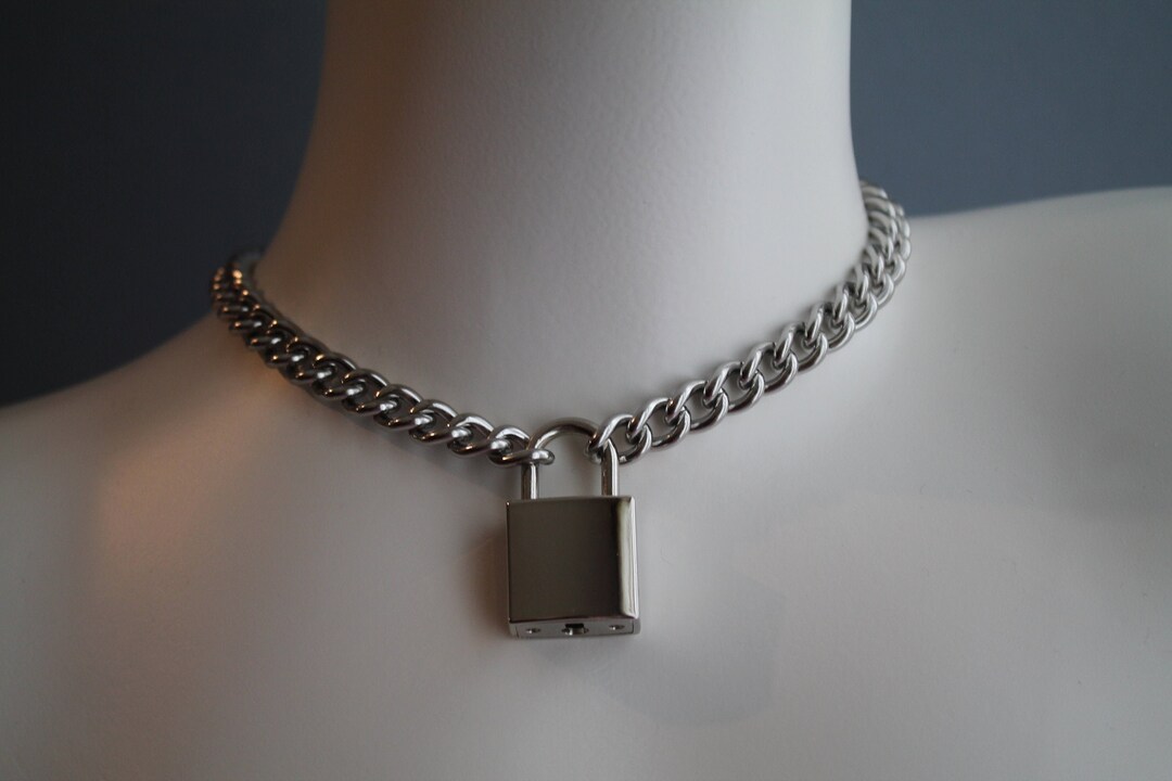 Padlock on Stainless Steel Twist Link Curb Chain Choker / Necklace Available 1436 Stacking ...