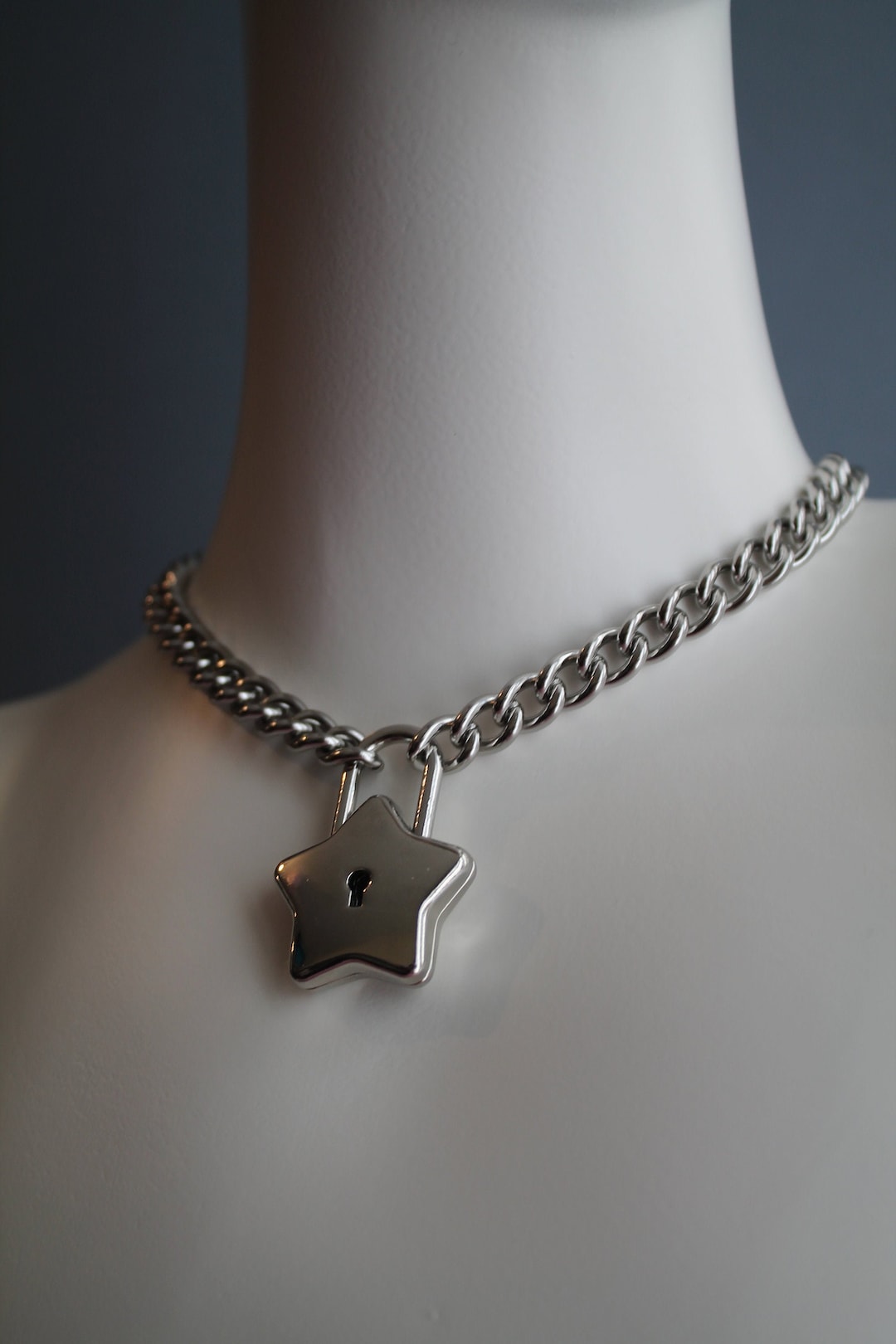 Star Padlock on Stainless Steel Twist Link Curb Chain Choker / Necklace Approx. 14"-36 ...