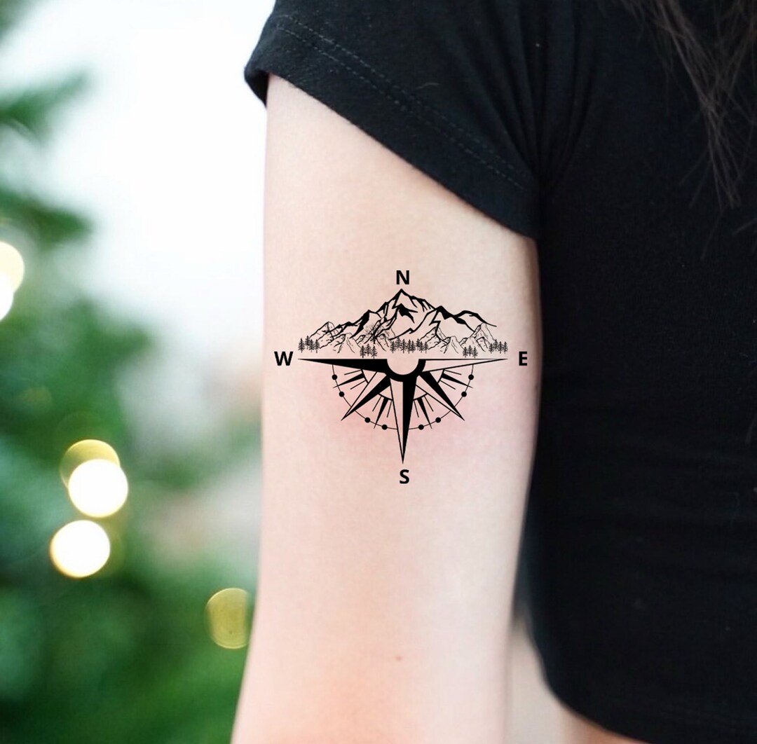 Compass With Mountain Temporary Tattoo, Fake Tattoo, Tattoo Stickers ...