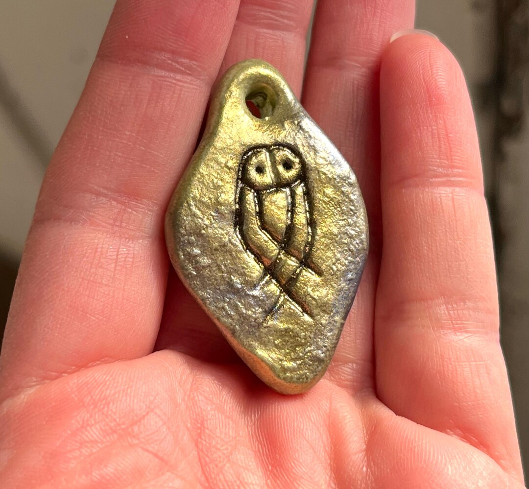Clay Owl Rune Pendant, Mystical Tribal Animal Bead, Hand-made Metallic ...
