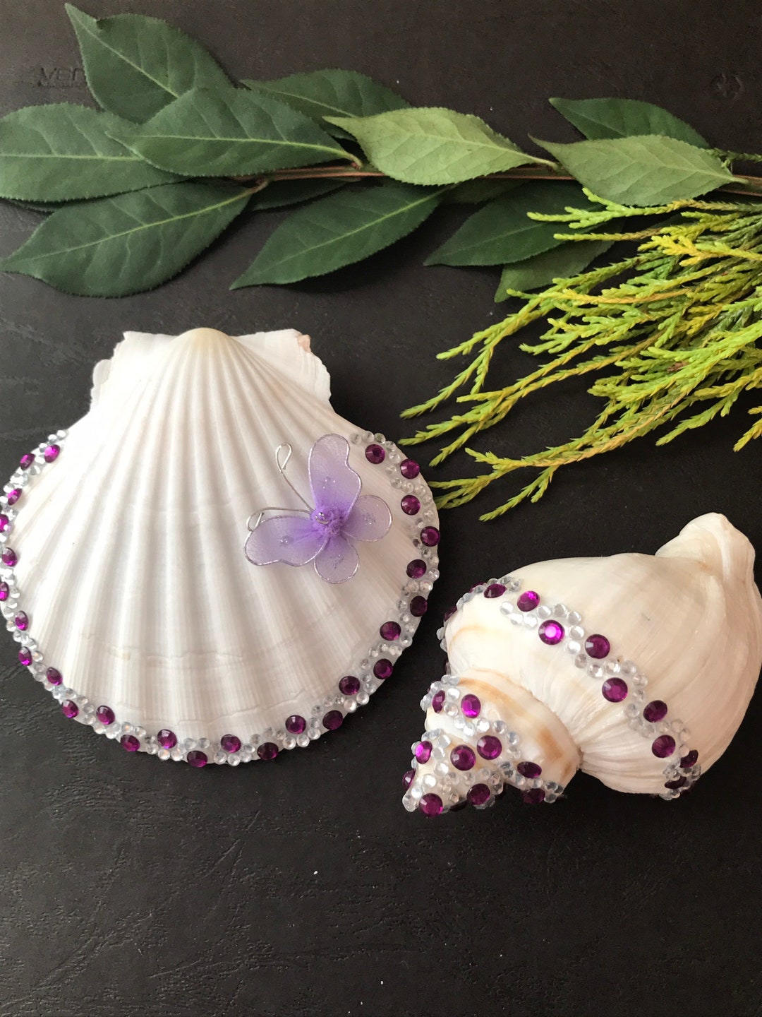 Large Scallop Shell & Medium Conch Shell With Purple Beads, Gems, and ...