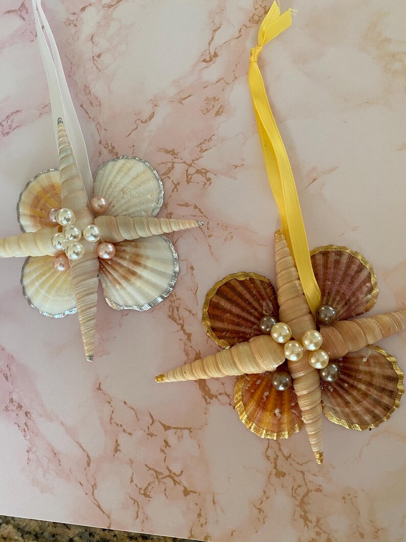 Handcrafted Turretella and Scallop Shell Ornament With Pearl Accents, Beach Themed Holiday Decor ...