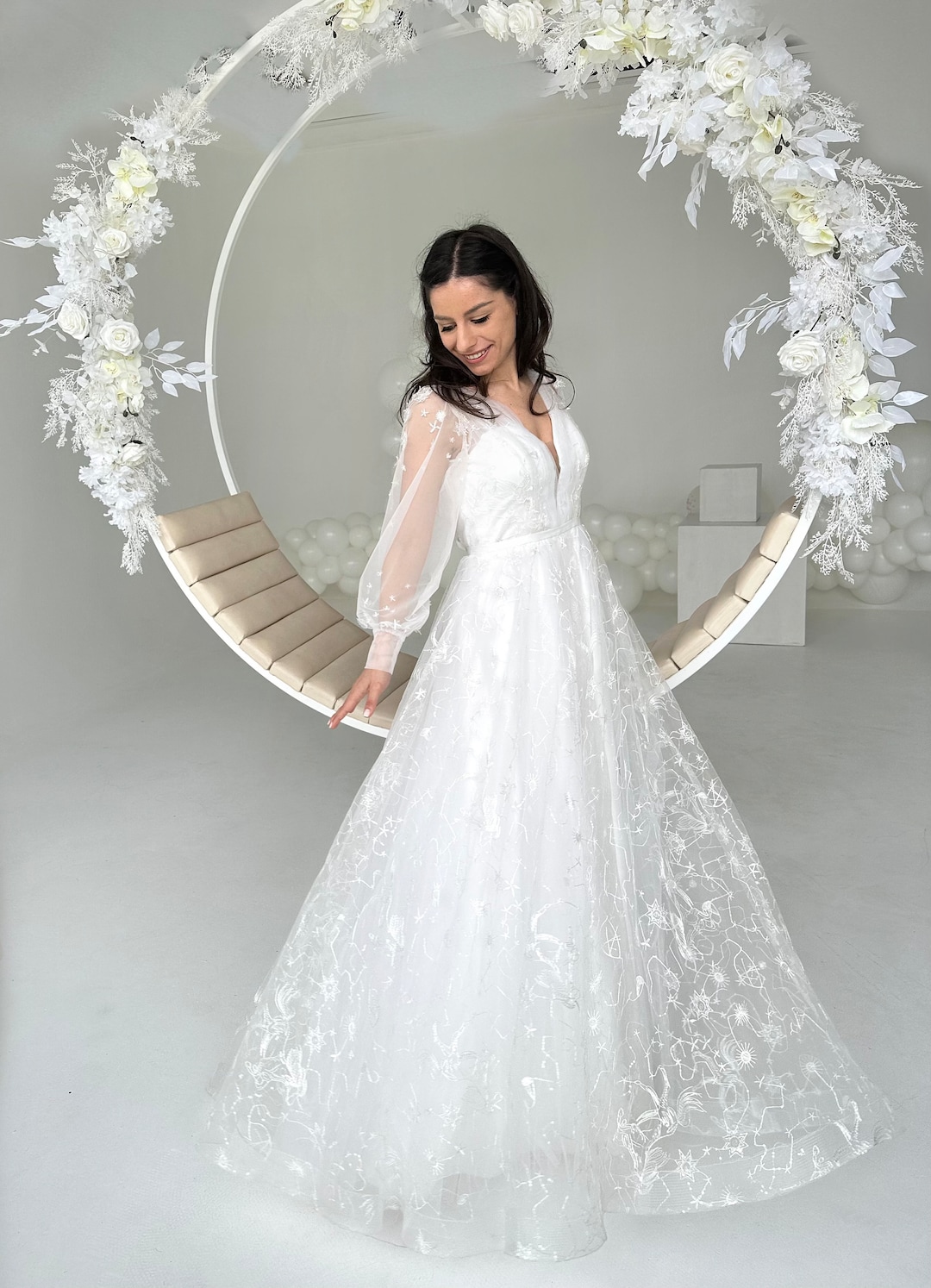 Celestial Wedding Dress With Sleeves, Witchy Star Wedding Dress Tulle ...