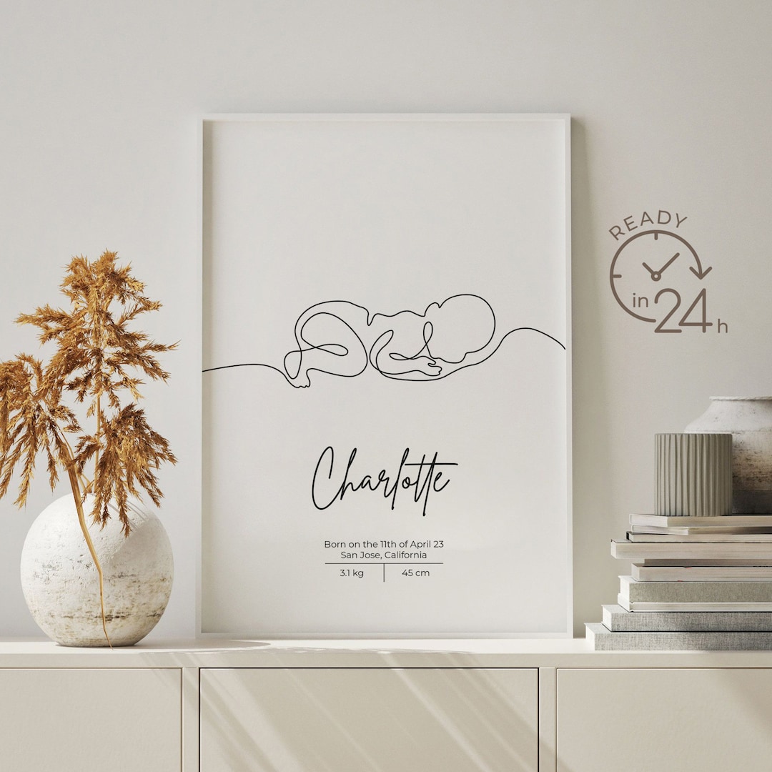 Custom Birth Poster, Nursery Line Art, Baby Line Drawing, Personalized ...