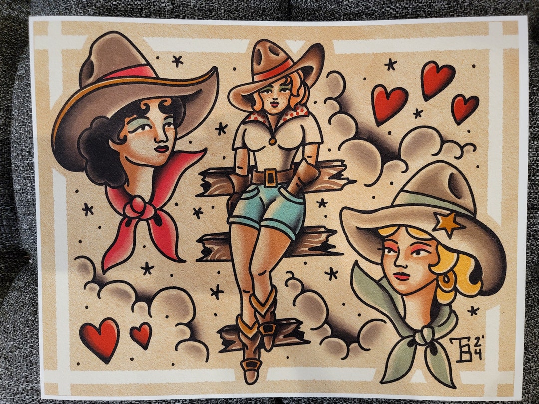 Cowgirl Western Traditional Tattoo Flash Sheet - Etsy