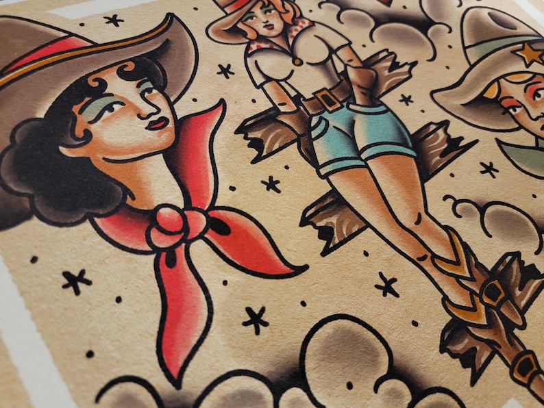 Cowgirl Western Traditional Tattoo Flash Sheet - Etsy