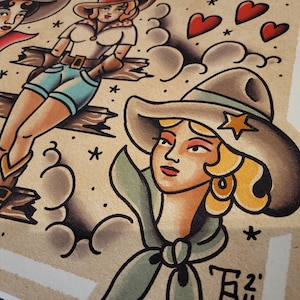 Cowgirl Western Traditional Tattoo Flash Sheet - Etsy