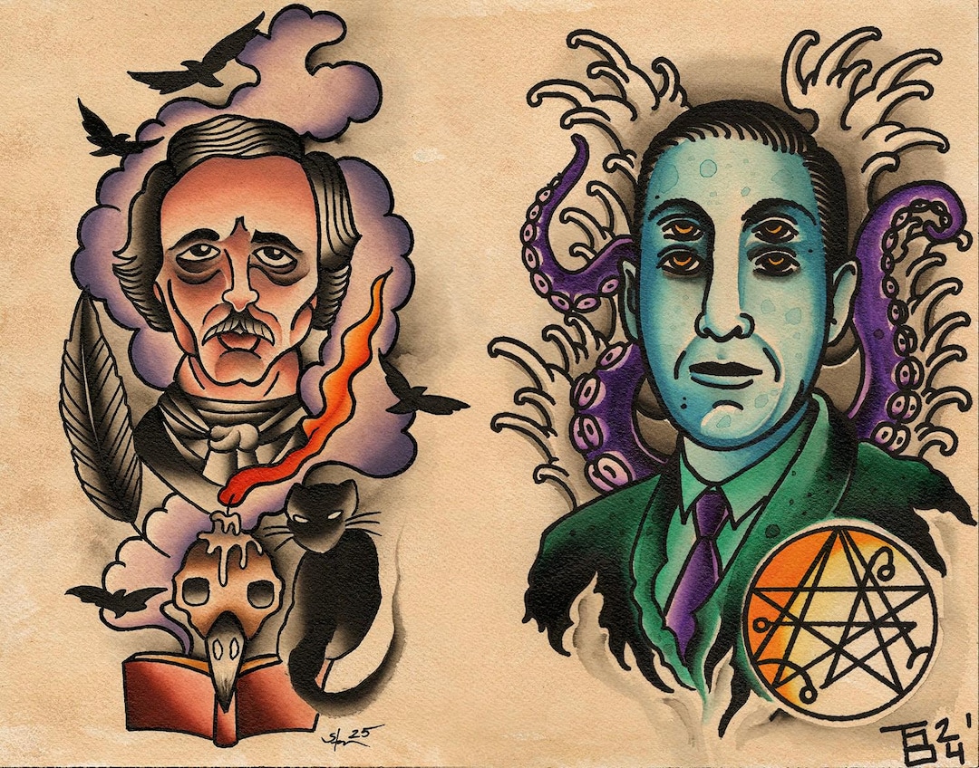 Edgar Allan Poe and H.P. Lovecraft Tattoo Flash Print - Etsy