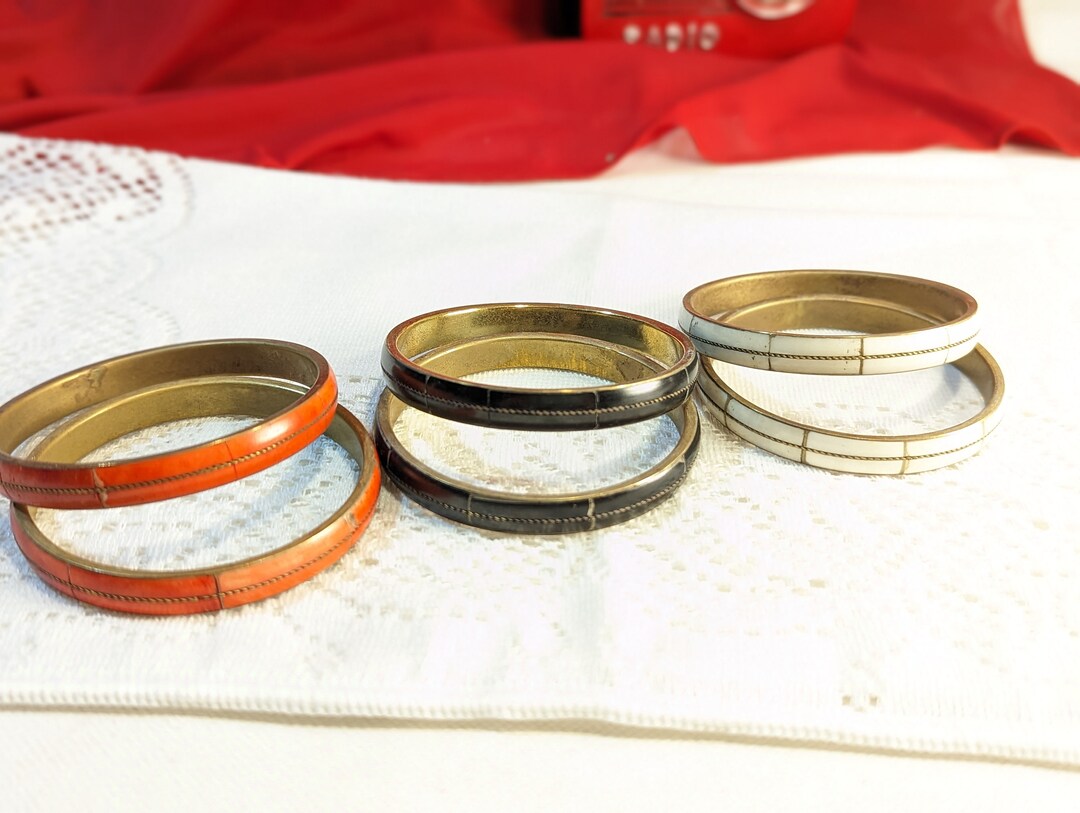 Set of Six 6 Brass and Coloured Bone Inlaid Bracelet Bangle Indian or ...