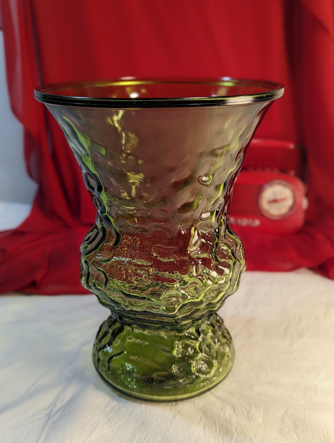 Crinkle Glass Green E O Brody Flower Vase Deep Green Art Glass ...