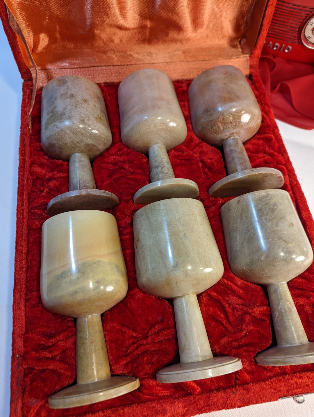 Set Of Six Boxed Onyx Goblets Hand Made Stone Cups Or Wine Glasses Red Crushed Velvet Box With