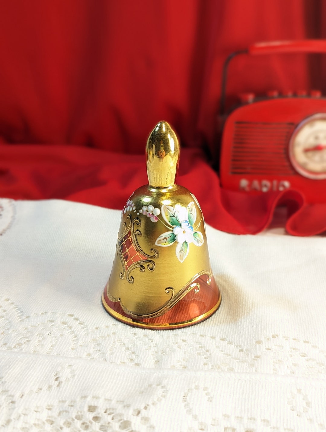 Bohemia Glass Molded Smalt Bell Izabella Red and Gold Hand Painted and ...