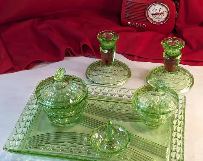 Vaseline Glass Dresser Set 6 Piece Uranium Glass Ladies Dresser Tray ...