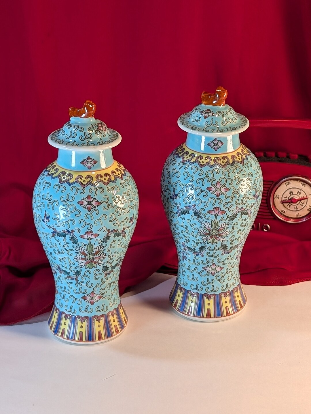 Made in China Porcelain Mun Shou Turquoise Hand Painted Jar Set of 2 ...