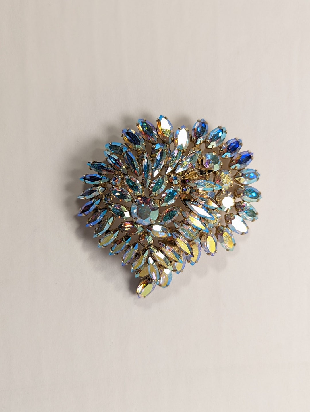 Sherman Brooch Aurora Borealis Blue Gold Marquis Rhinestones Gold Tone ...