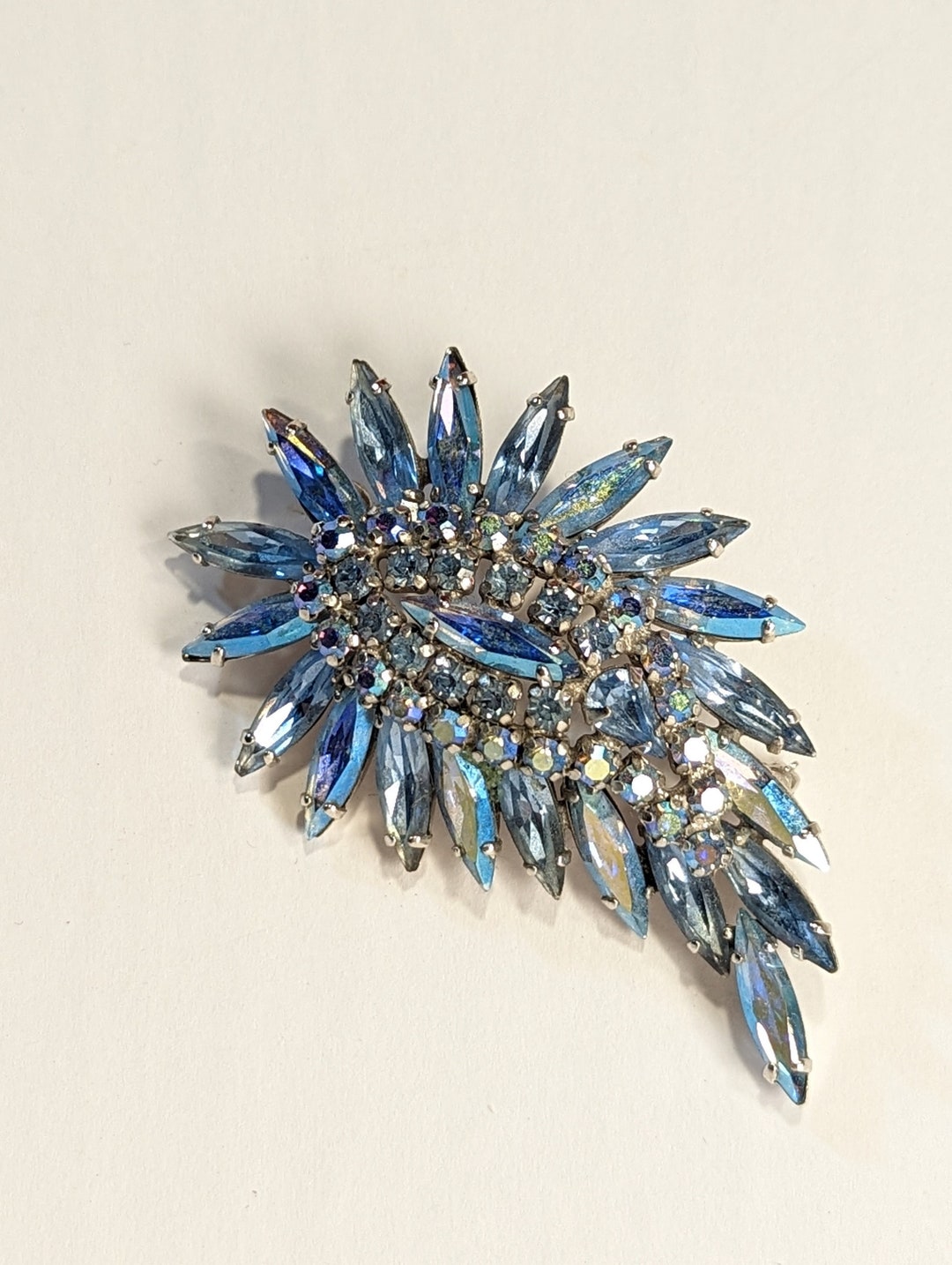 Sherman Brooch Aurora Borealis Rhinestone Blue and Silver Marquis Cut ...