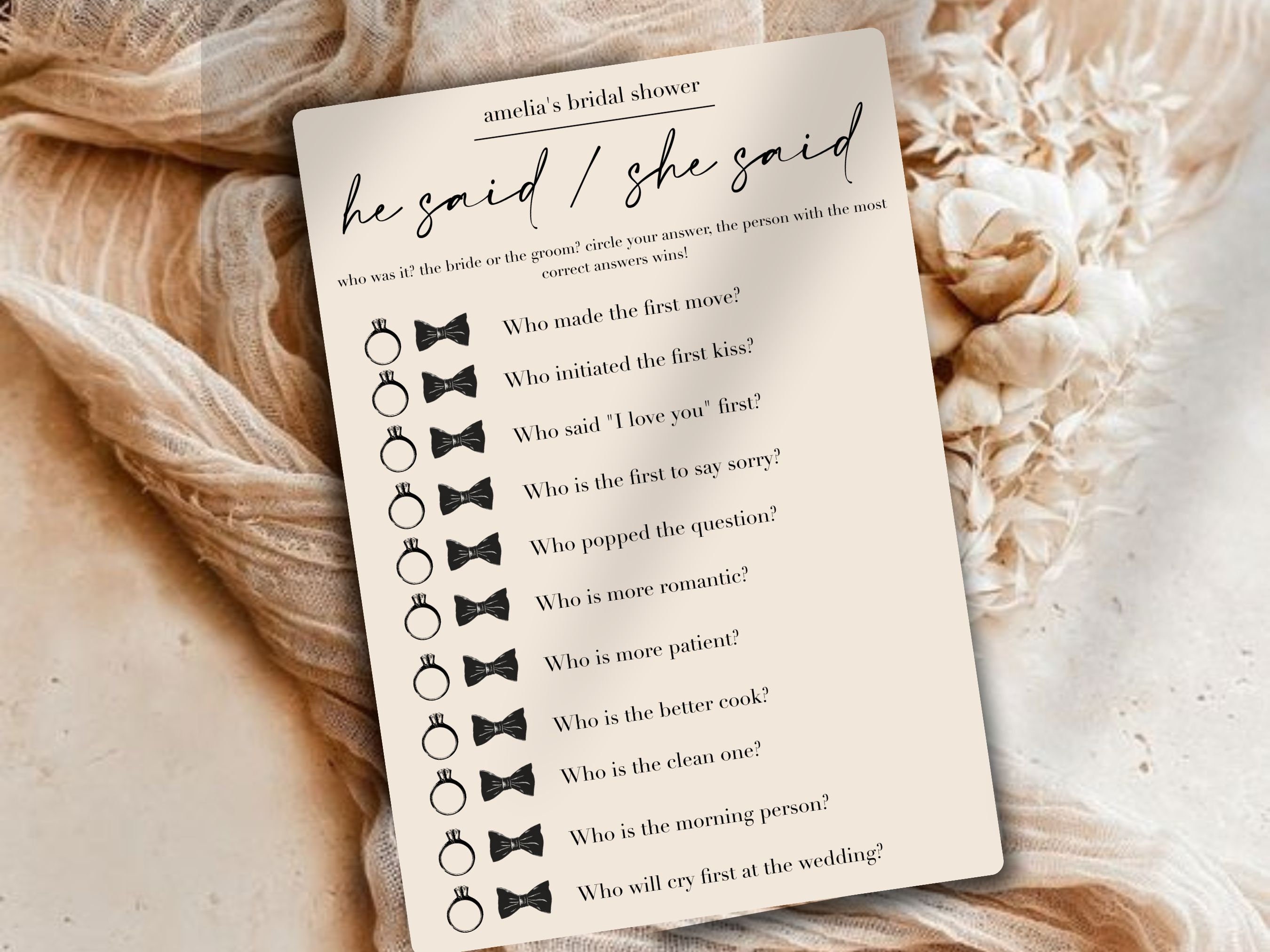 Bridal Shower Game Template Printable Download He Said She Said Guess ...
