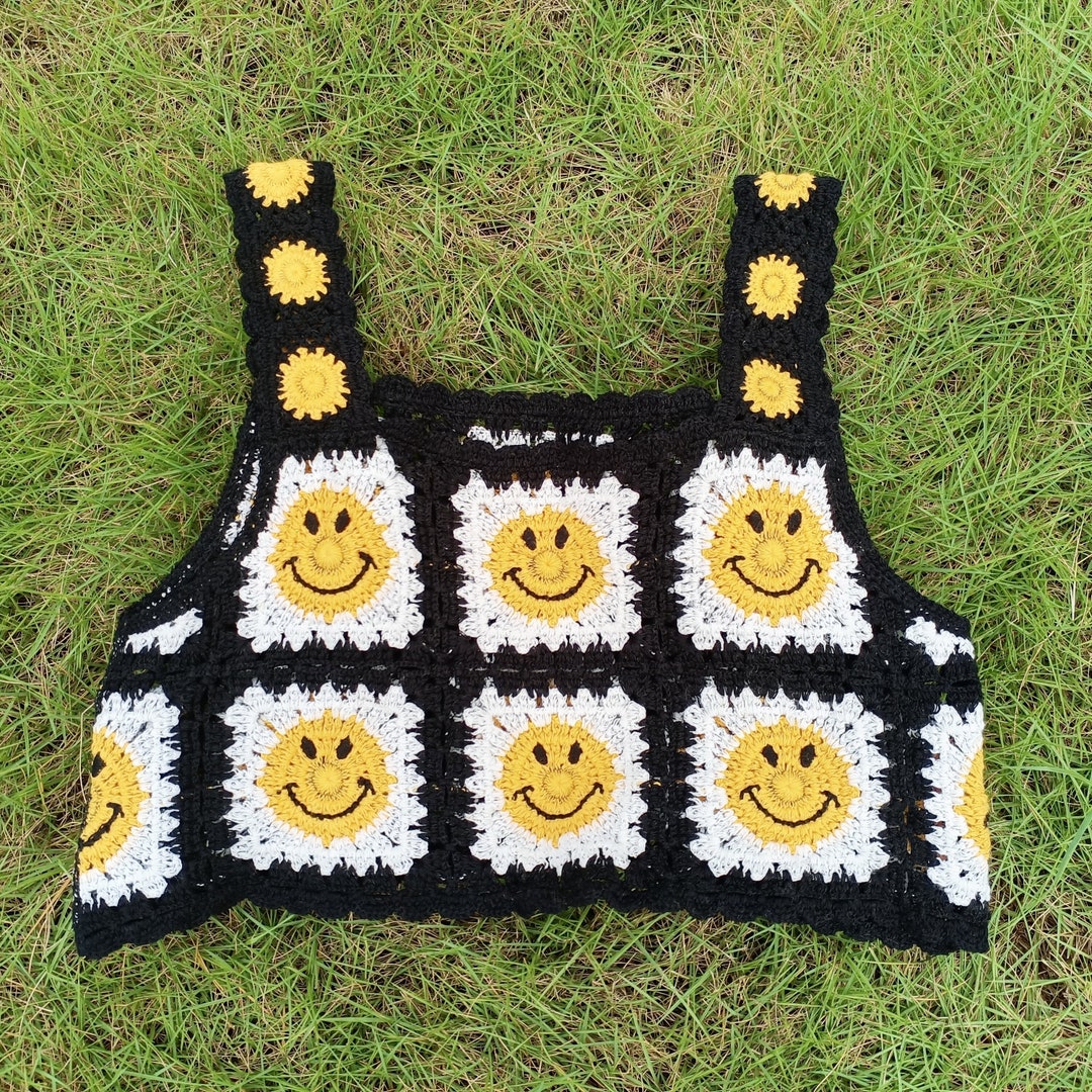 Smile Face Crop Top, Granny Square Tank Top, Granny Square Crop Top ...