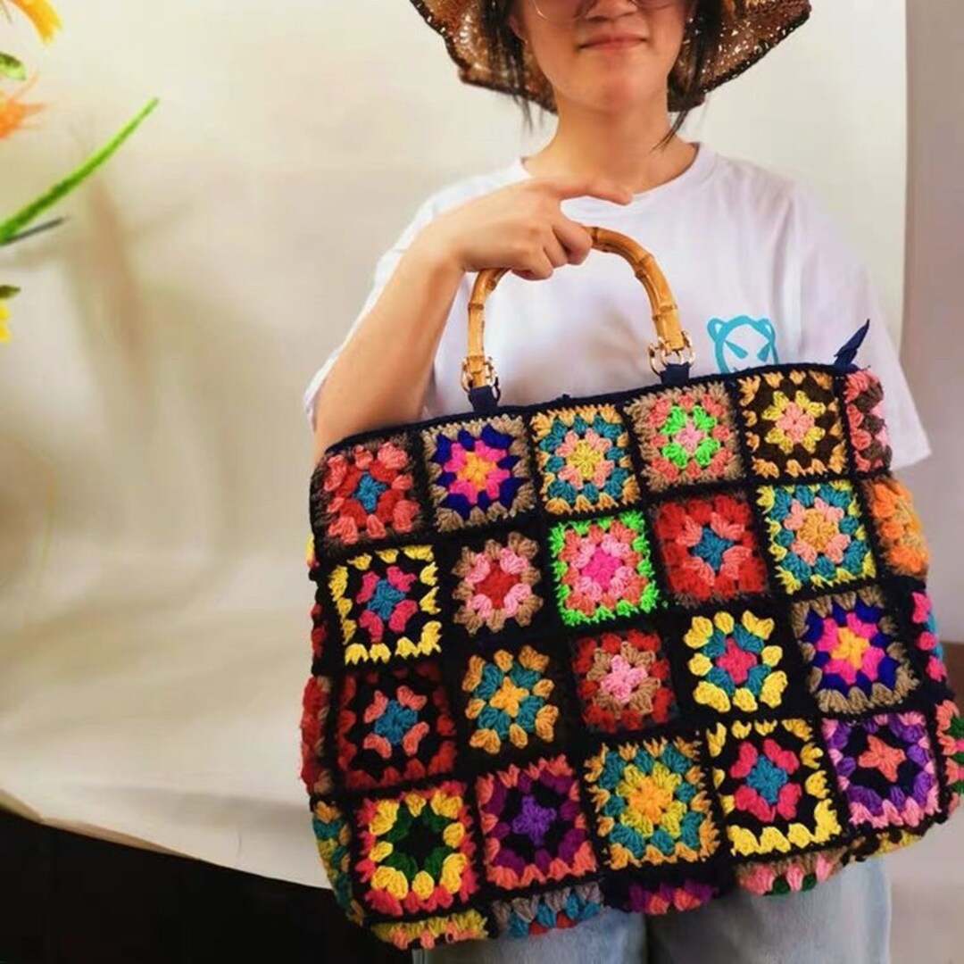 Granny Square Handbag Bamboo Top Handle Bag Crochet Purse - Etsy