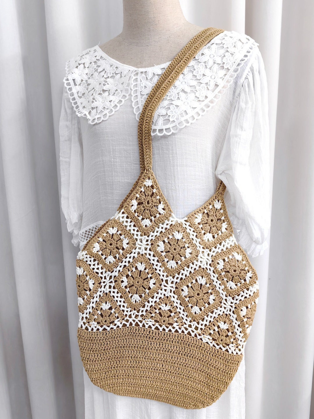 Beige Crochet Bag, Granny Square Shoulder Bag, Crochet Shoulder Bag ...
