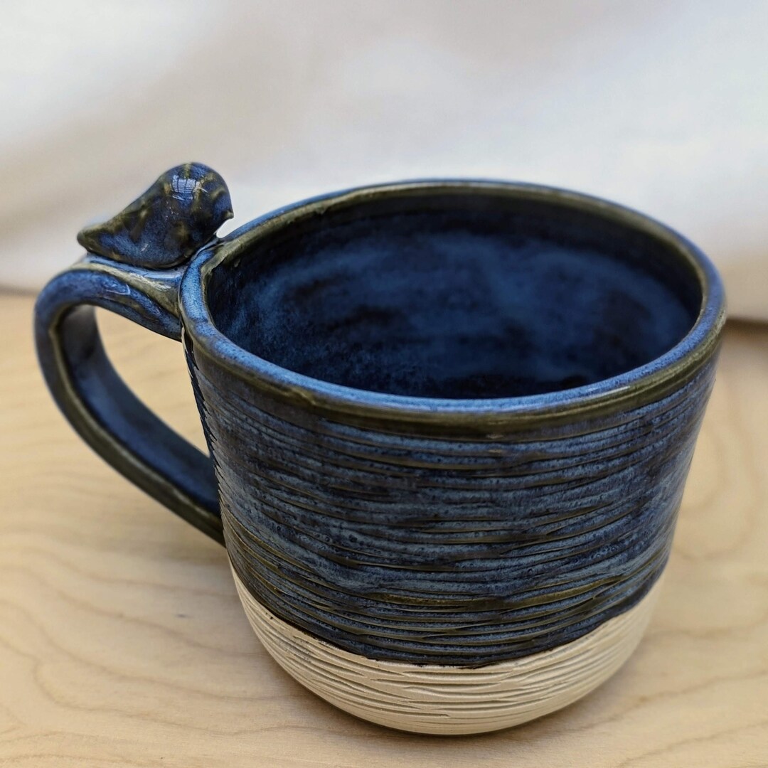 Blue/green Handmade Carved Ceramic Bird Mug, Simple Handmade Pottery ...