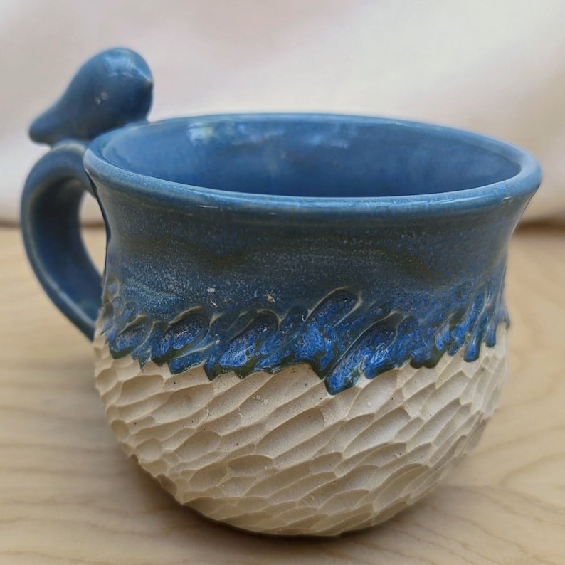Light Blue Carved Handmade Ceramic Bird Mug, Simple Handmade Pottery Coffee Mug With Hand Carved ...